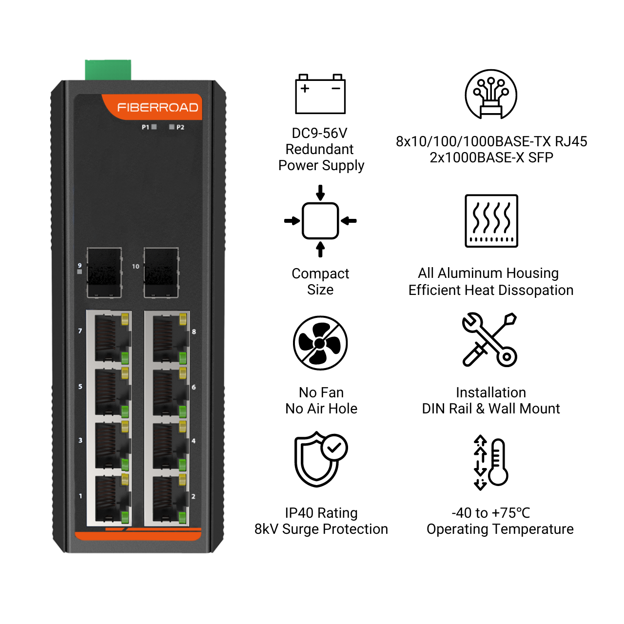 10 포트 관리되지 않는 산업용 네트워크 스위치 기가비트 산업용 스위치